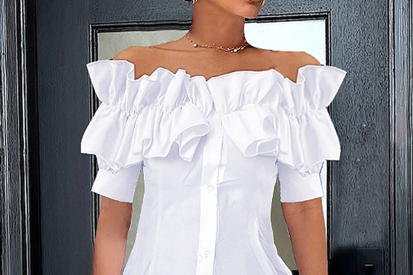 Elegant Off Shoulder Ruffle Short Sleeve Button-Down Blouse - BuyTown